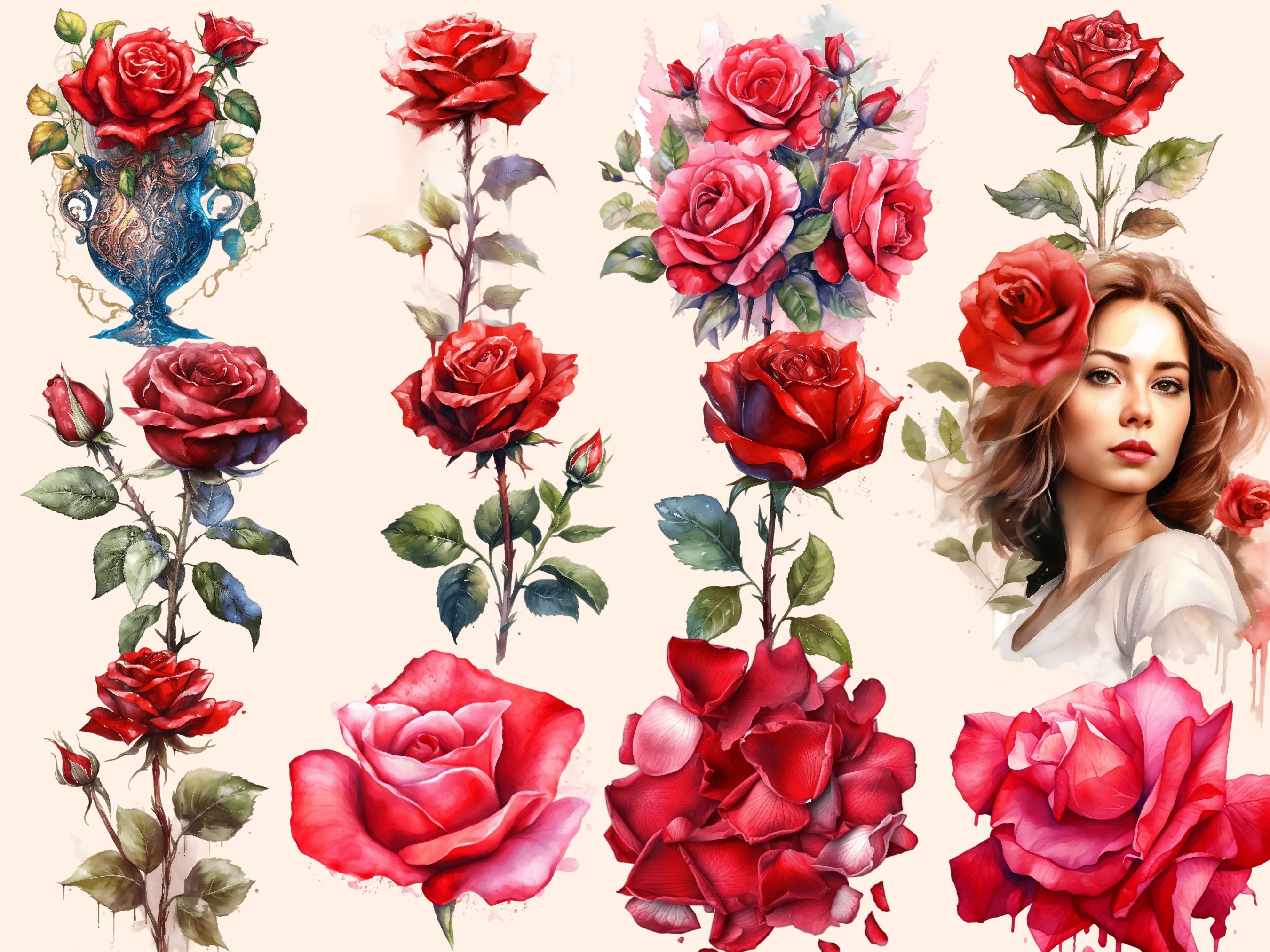 Red Roses Watercolor Clipart Bundle 98 PNG Images Beautiful - Etsy