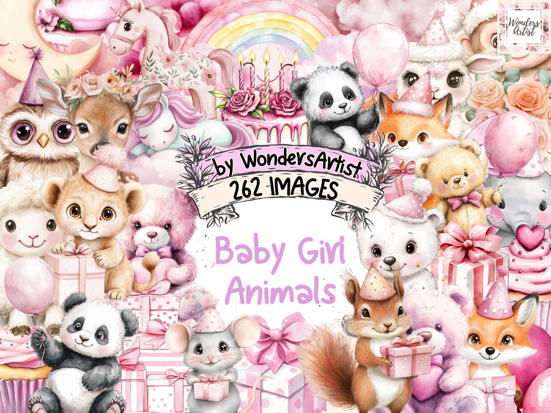 Watercolor Baby Girl Animals Clipart: 262 PNG Illustrations (commercial ...