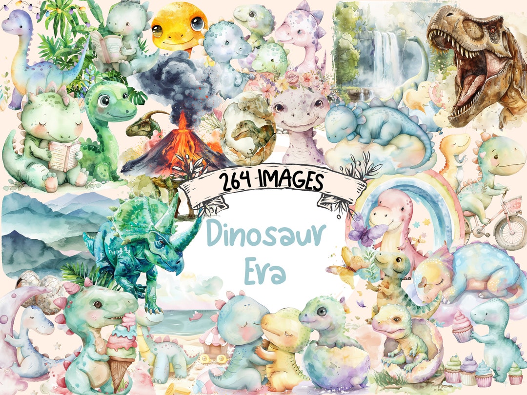 Dinosaur Era Watercolor Clipart Bundle - 264 PNG Prehistoric Dino ...