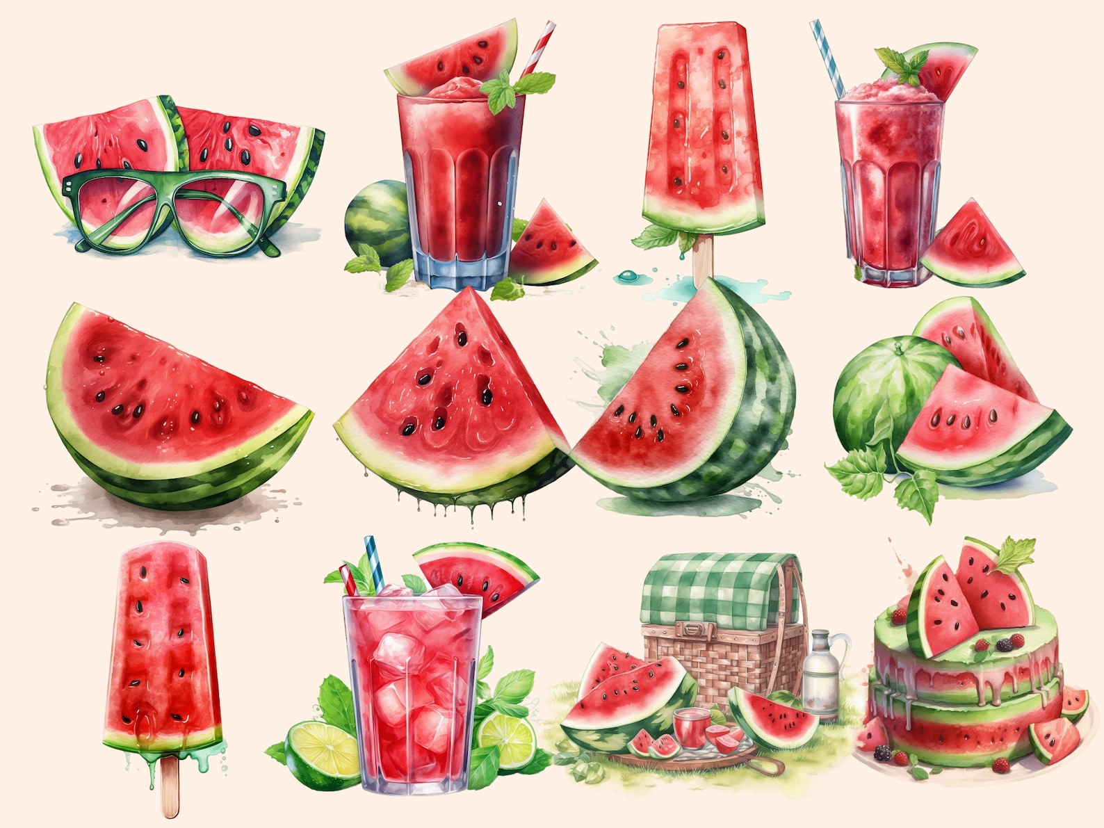 Watermelon Watercolor Clipart Bundle 53 PNG Images of Refreshing Summer ...