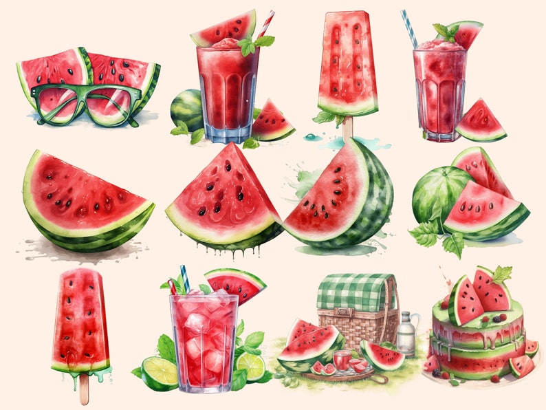 Watermelon Watercolor Clipart Bundle 53 PNG Images of - Etsy