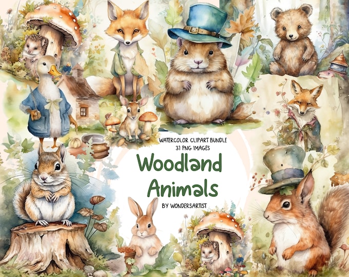 Woodland Animals Clipart, Watercolor Cute Forest Animal, Baby Forest ...