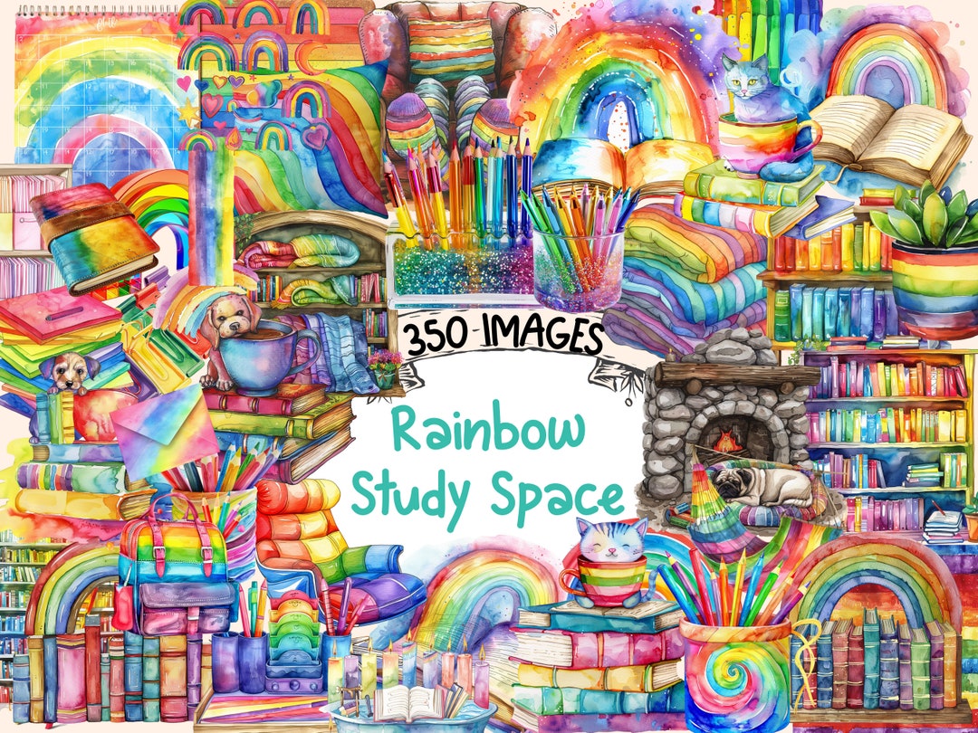 Rainbow Study Space Watercolor Clipart Bundle - 350 PNG Colorful ...