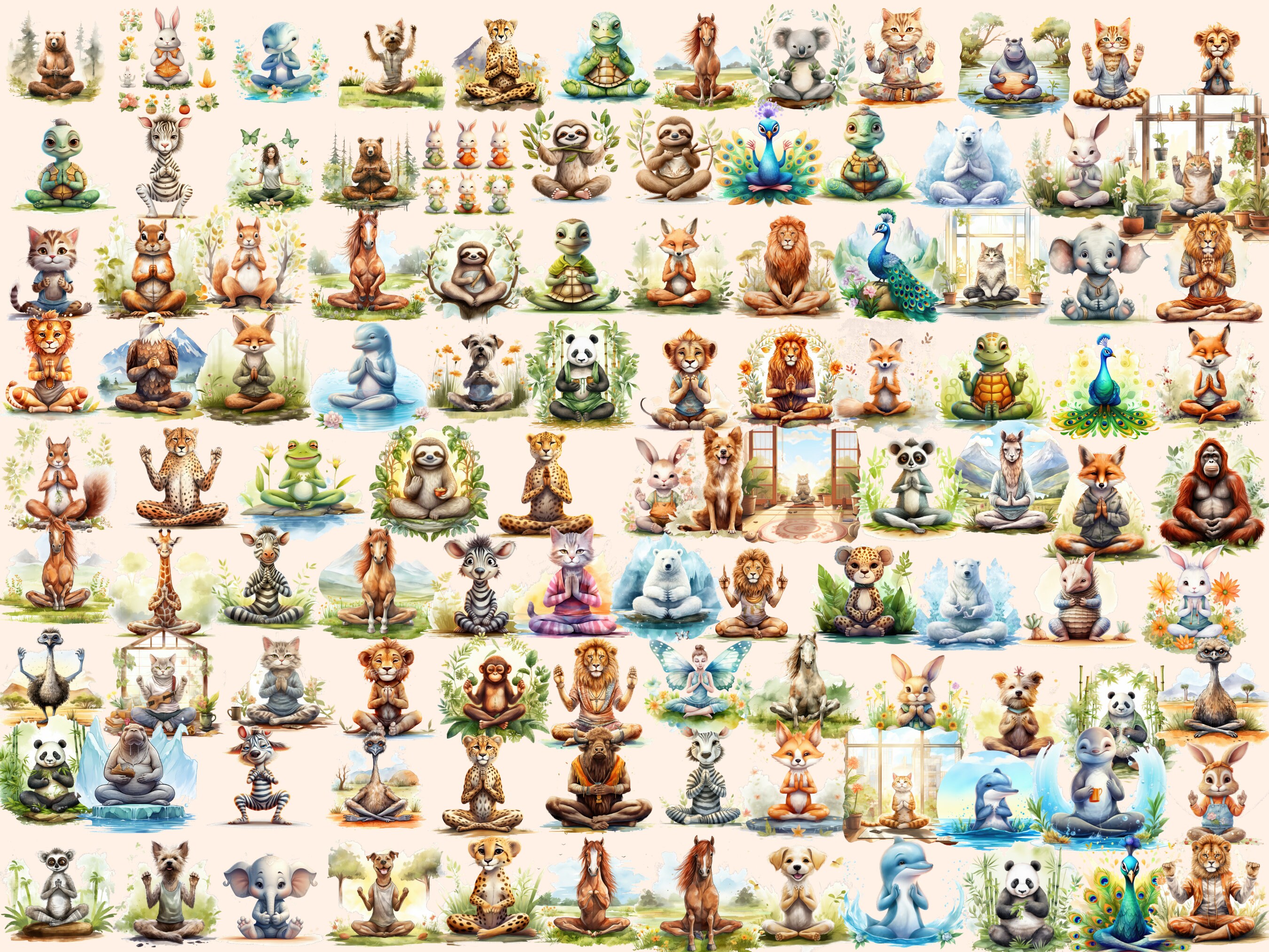 Yoga Animals Watercolor Clipart Bundle: 393 PNG Images (digital ...
