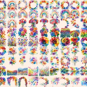 Rainbow Flowers Watercolor Clipart Bundle: 253 Floral PNG Images ...