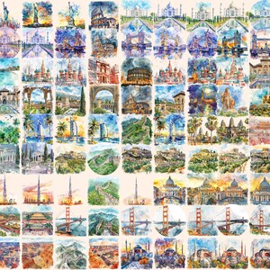 Landmarks Watercolor Clipart Bundle: 527 World Monument PNG Images ...