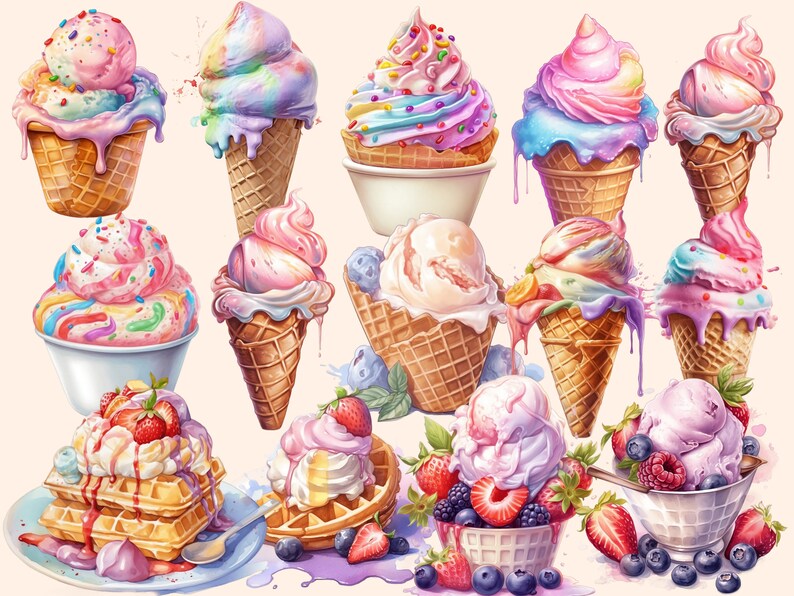 Watercolor Ice Cream Clipart Bundle: 80 PNG Dessert Images (digital ...