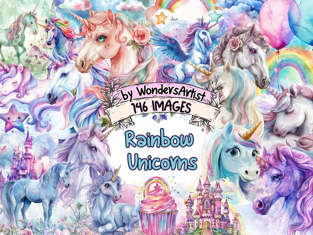 Rainbow Unicorns Watercolor Clipart Bundle: 146 PNG Fantasy Graphics ...