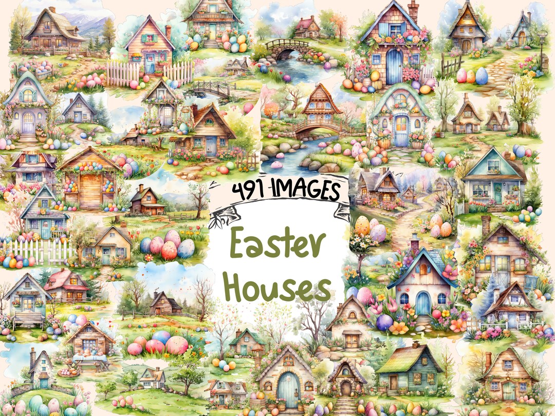 Easter Houses Watercolor Clipart Bundle - 491 PNG Spring Cottage Images ...