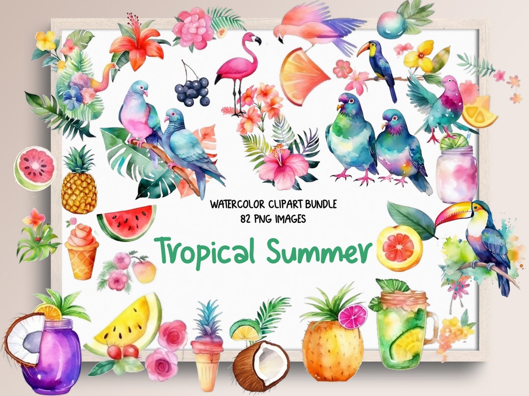 Tropical Summer Watercolor Clipart Bundle Vibrant Flamingos - Etsy