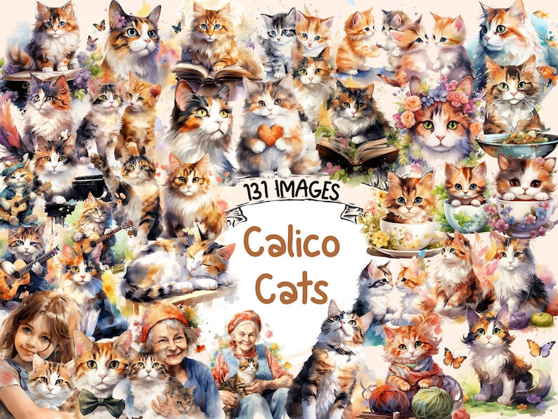 Calico Cats Watercolor Clipart Bundle: 131 PNG Images (commercial Use ...
