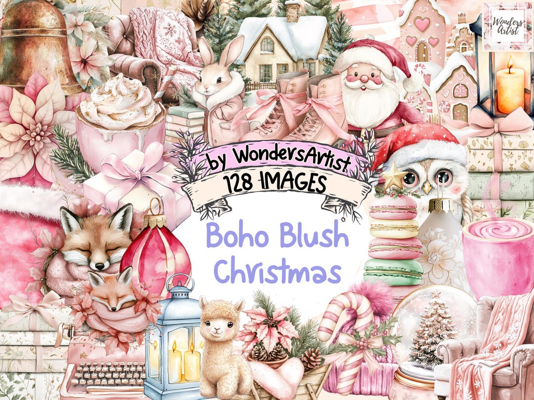Boho Blush Christmas Watercolor Clipart: 128 Festive PNG Images ...