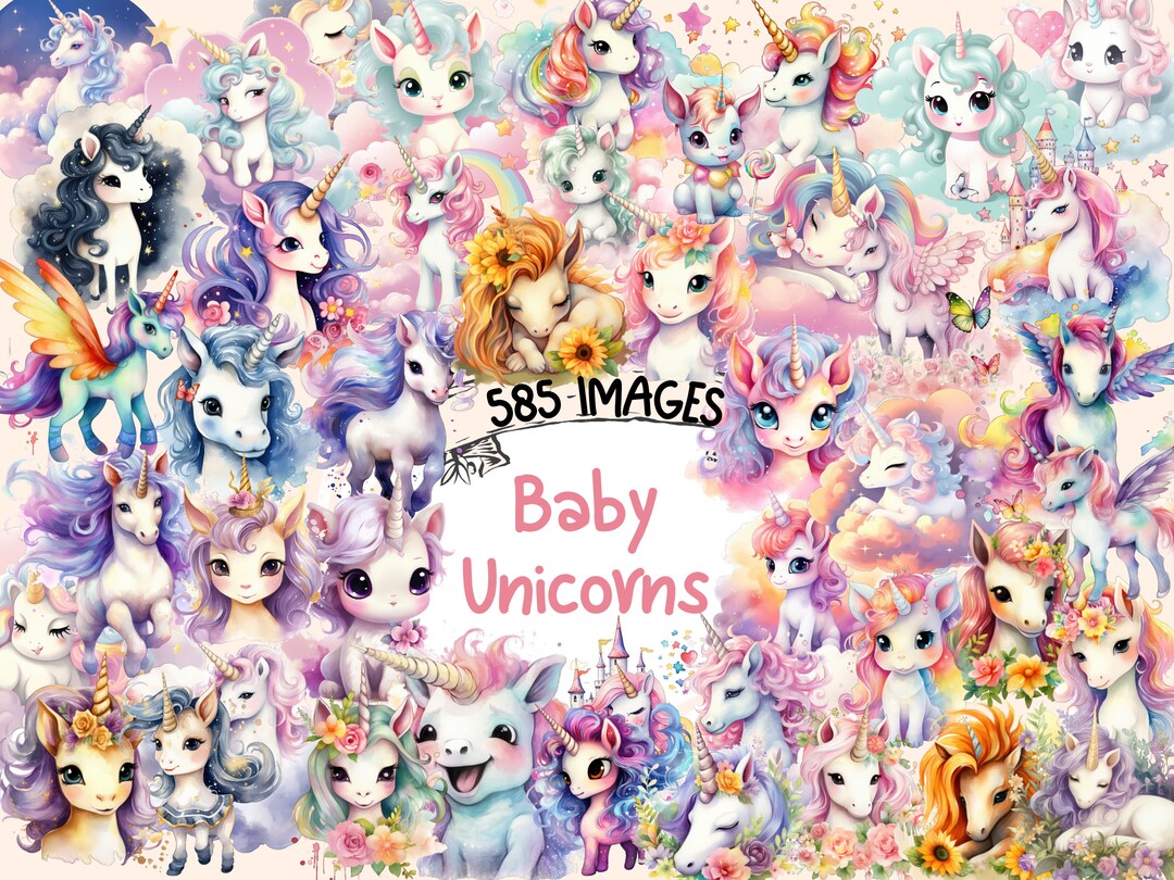 Baby Unicorns Watercolor Clipart Bundle - 585 PNG Cute Little Unicorn ...