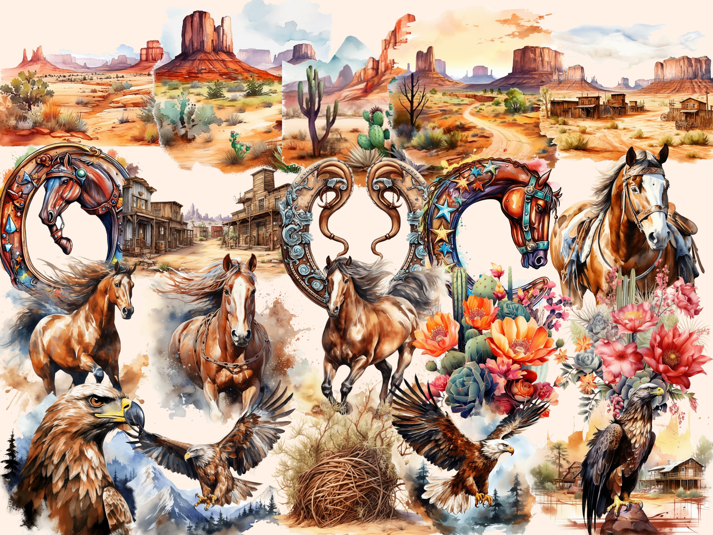 Western Watercolor Clipart Bundle: 103 Wild West PNG Images (digital ...