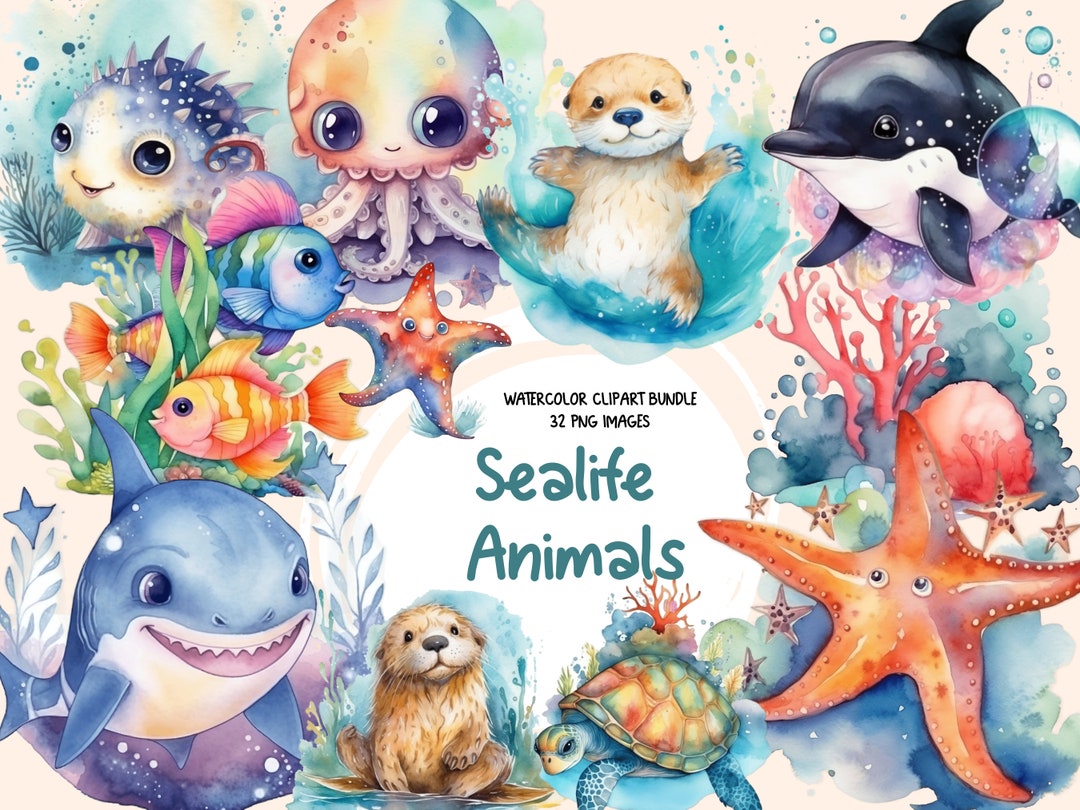 Watercolor Sea Ocean Animals Clipart - Cute Decor Bundle for Kids ...