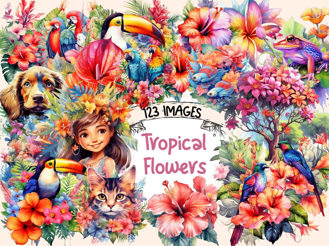 Tropical Flowers Watercolor Clipart Bundle - 123 PNG Flower Images ...