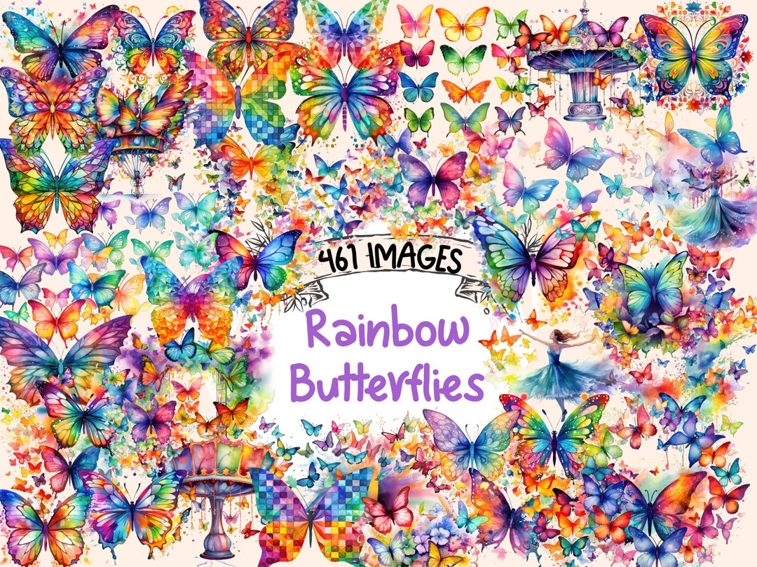 Rainbow Butterflies Watercolor Clipart Bundle: 461 PNG Images (digital ...