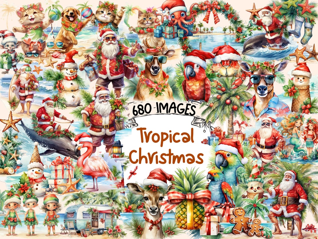 Tropical Christmas Watercolor Clipart Bundle: 680 Festive PNG Images ...