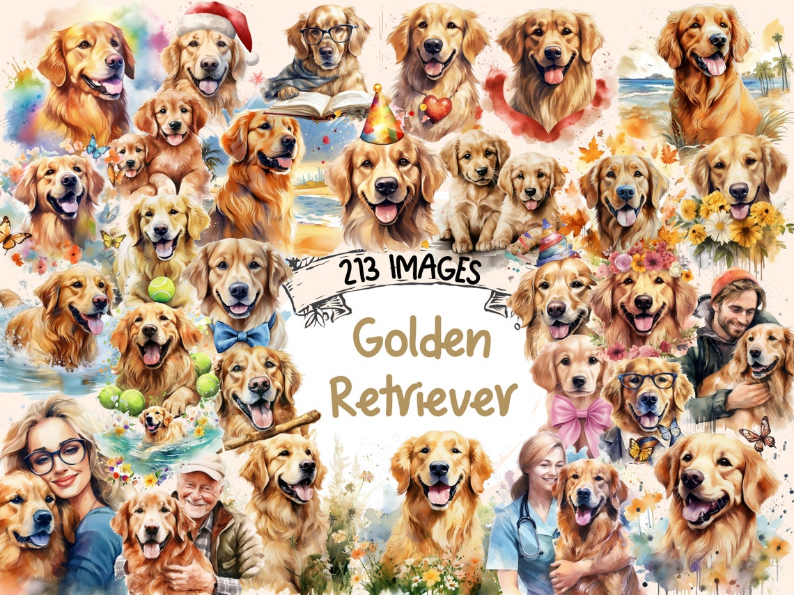Golden Retriever Watercolor Clipart Bundle: 213 Puppy PNG Images ...