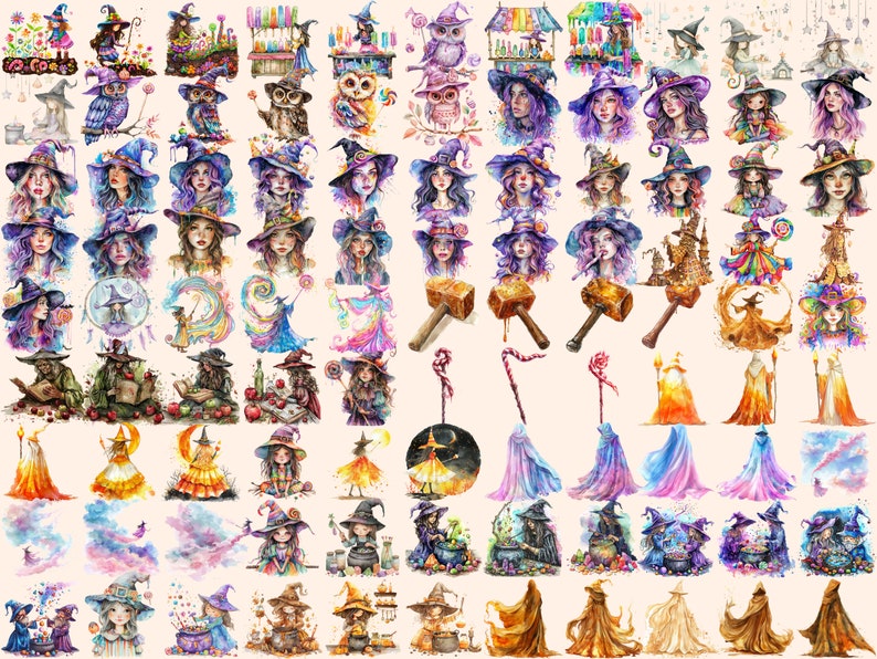 Candy Witches Watercolor Clipart Bundle: 636 PNG Halloween Sorceress ...
