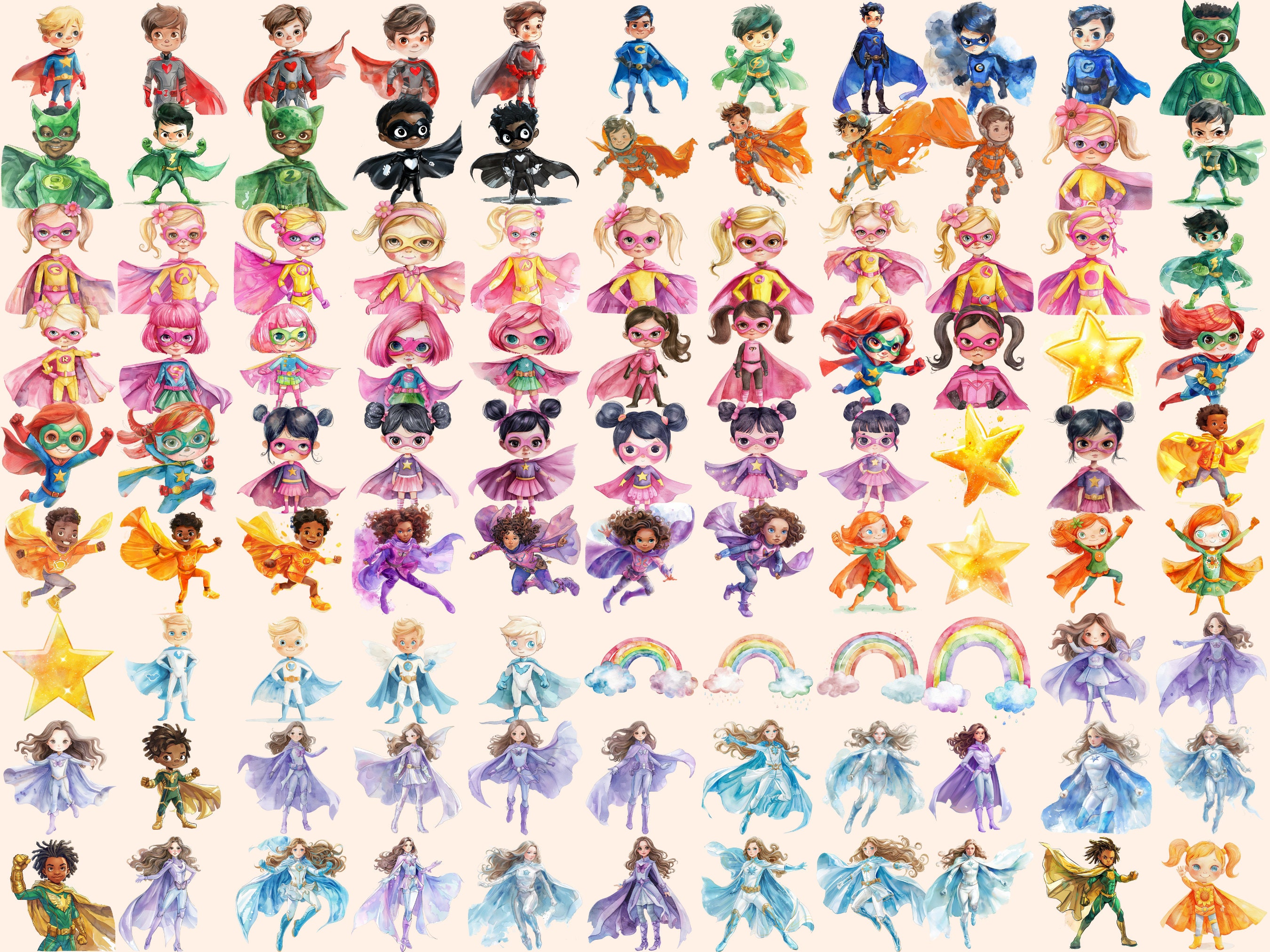 Watercolor Superhero Kids Clipart Bundle: 324 PNG Images (digital ...