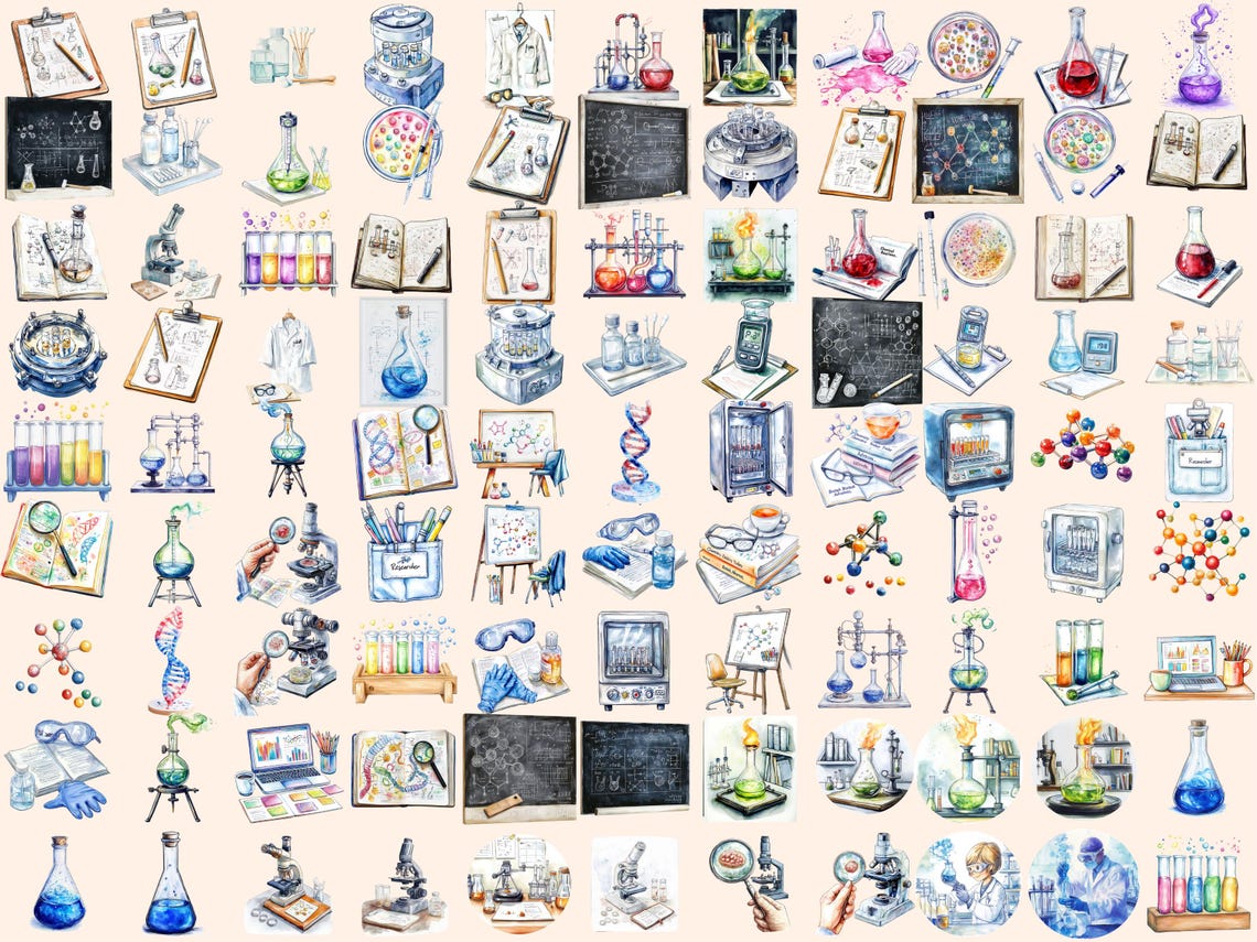 Watercolor Science Lab Clipart Bundle: 160 PNG Chemistry Illustrations ...