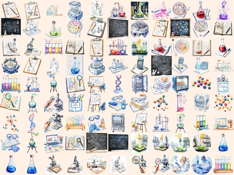 Watercolor Science Lab Clipart Bundle: 160 PNG Chemistry Illustrations ...
