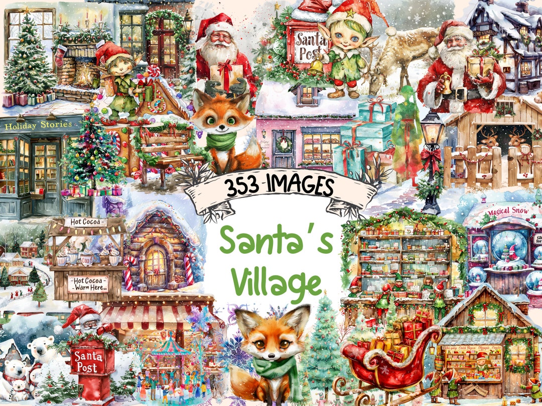 Santa's Village Watercolor Clipart Bundle: Festive North Pole Scenes ...