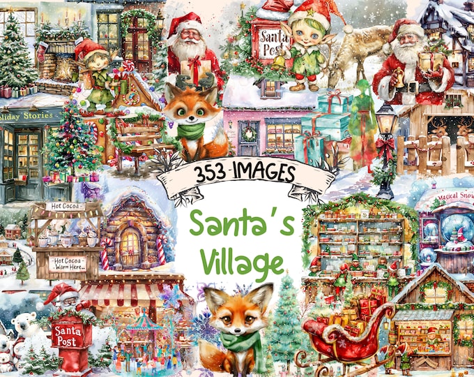 Watercolor Santa's Village Clipart Png Bundle, Reindeer Christmas ...