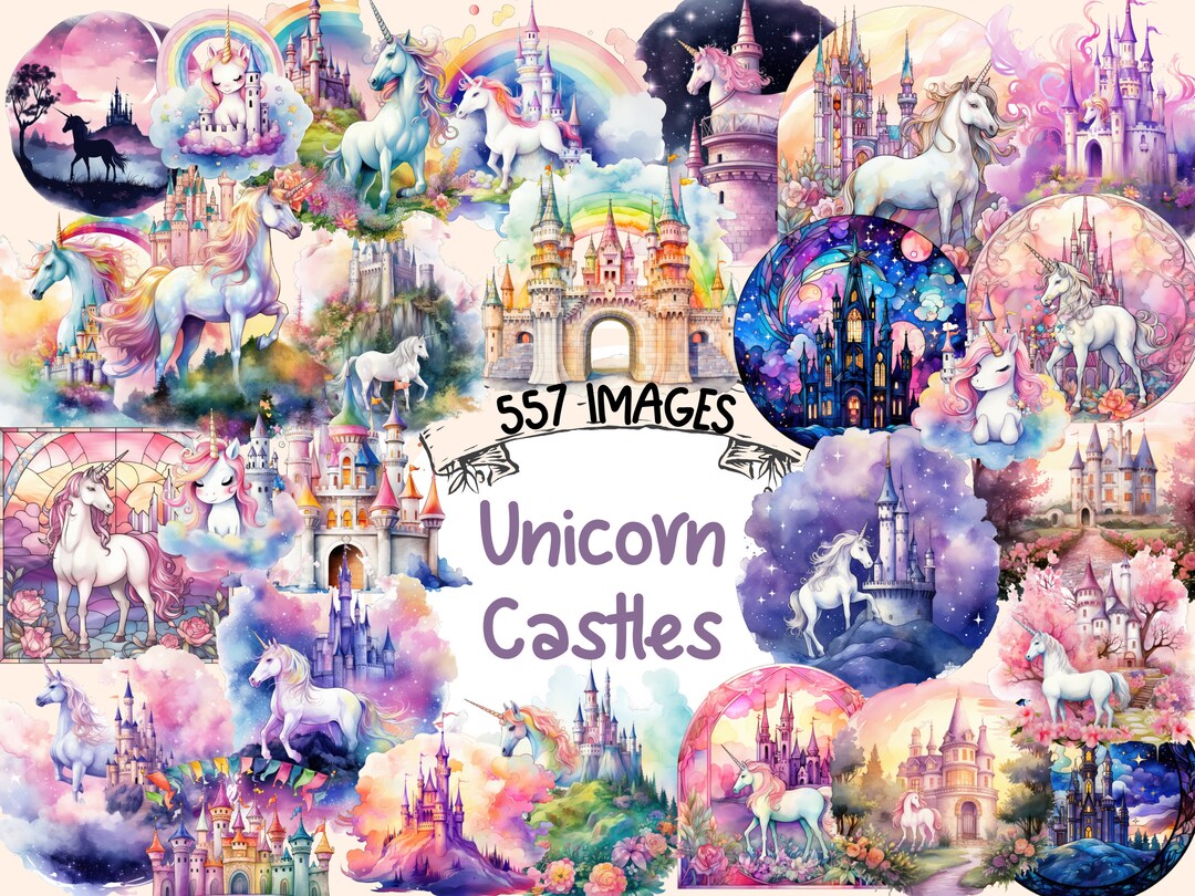 Unicorn Castles Watercolor Clipart Bundle - 557 PNG Unicorns Castle ...