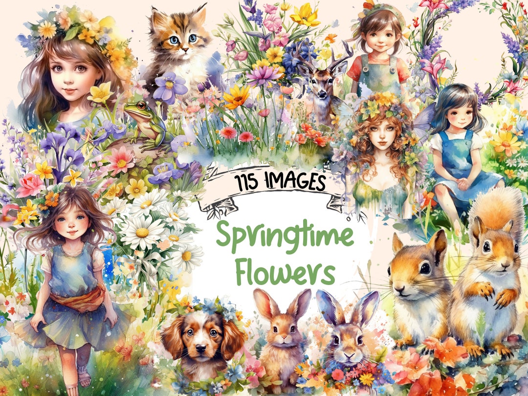 Watercolor Spring Flowers Clipart Bundle: 115 PNG Graphics (digital ...