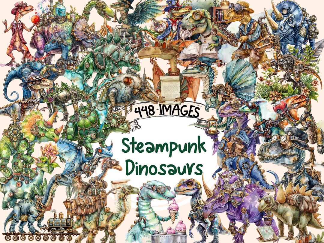 Steampunk Dinosaurs Watercolor Clipart Bundle - 448 PNG Mechanical ...