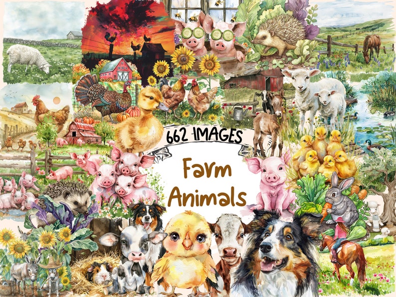 Watercolor Farm Animals Clipart Bundle: 662 PNG Graphics (digital ...