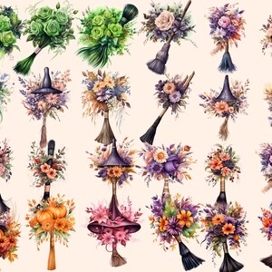 Floral Broomsticks Watercolor Clipart Bundle - 113 PNG Witch Brooms ...
