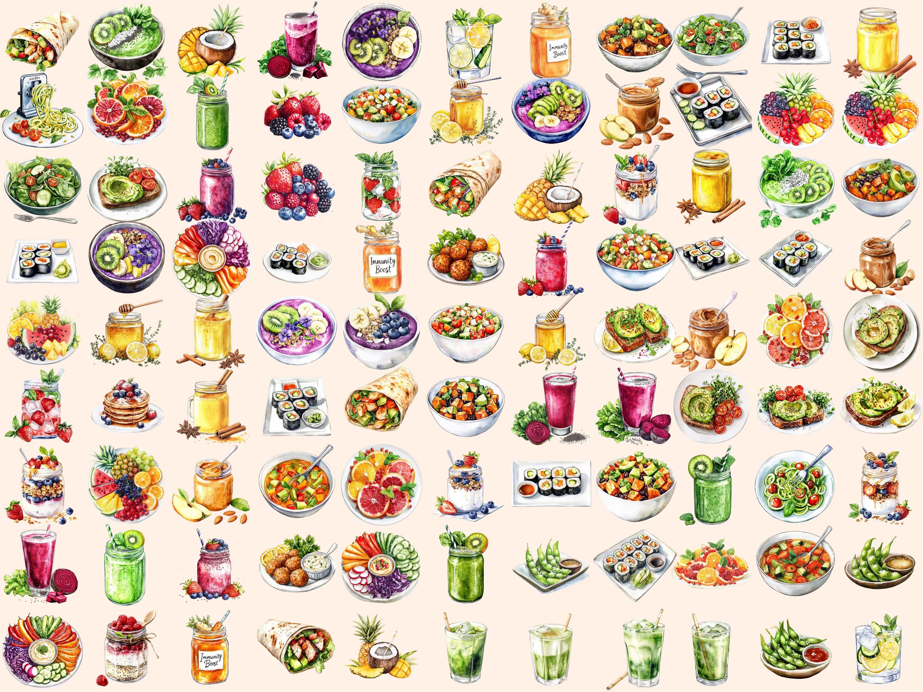 Watercolor Food Clipart Bundle: Healthy Eating Illustrations (231 PNG ...