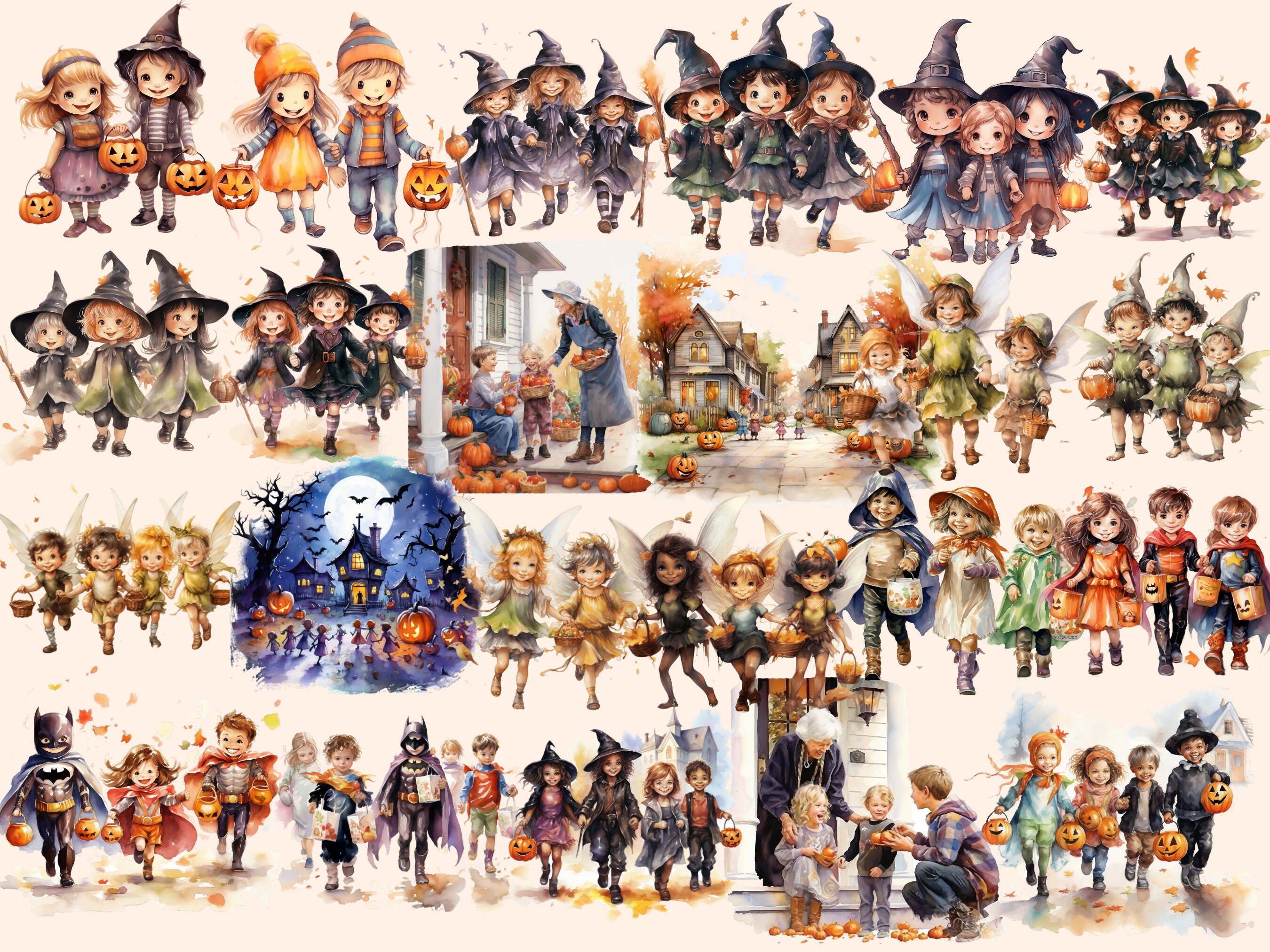 Watercolor Halloween Clipart Bundle: Trick or Treat Kids (217 PNG ...