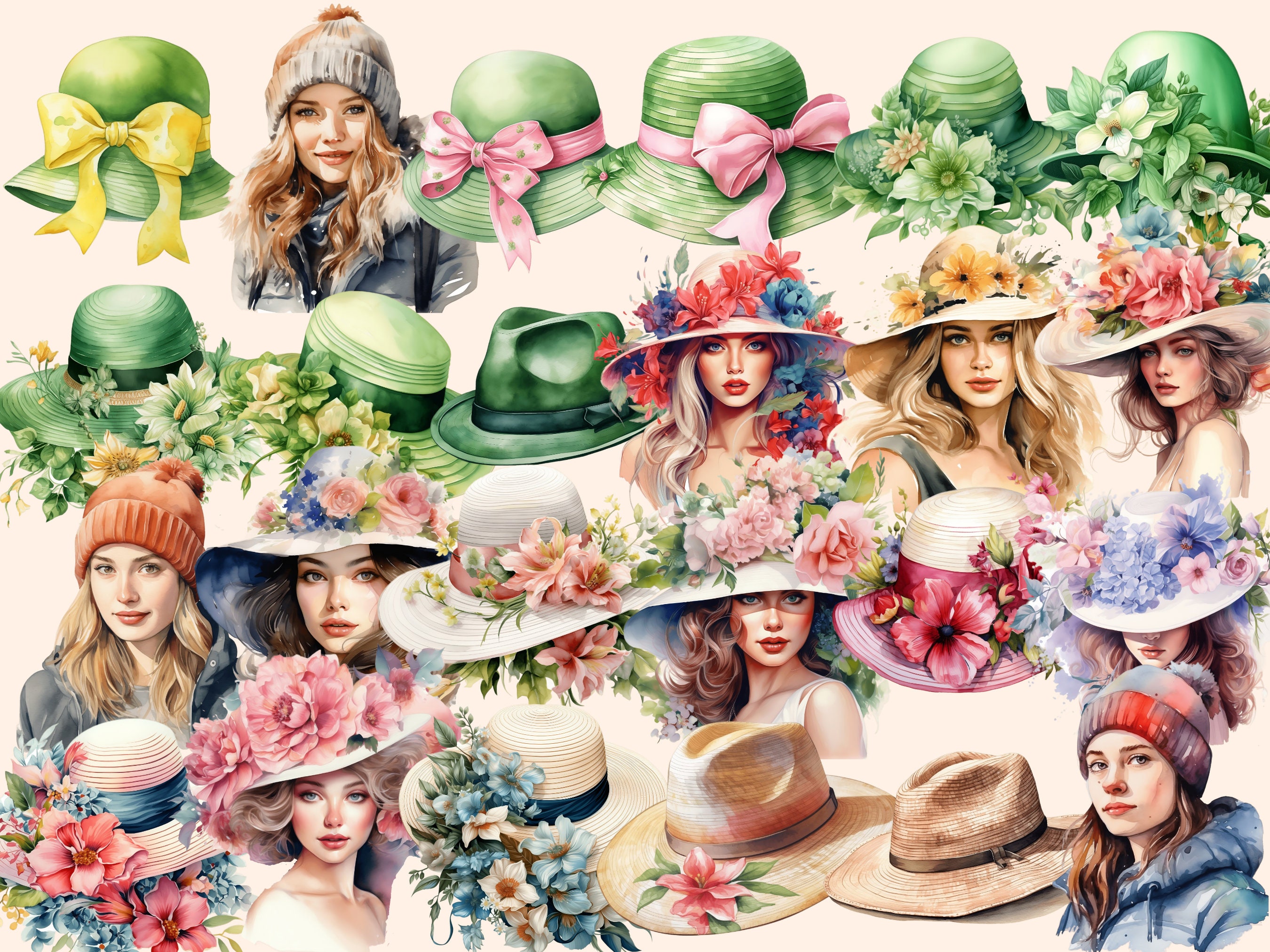 Watercolor Hats Clipart Bundle: 181 PNG Fashion Illustrations (digital ...