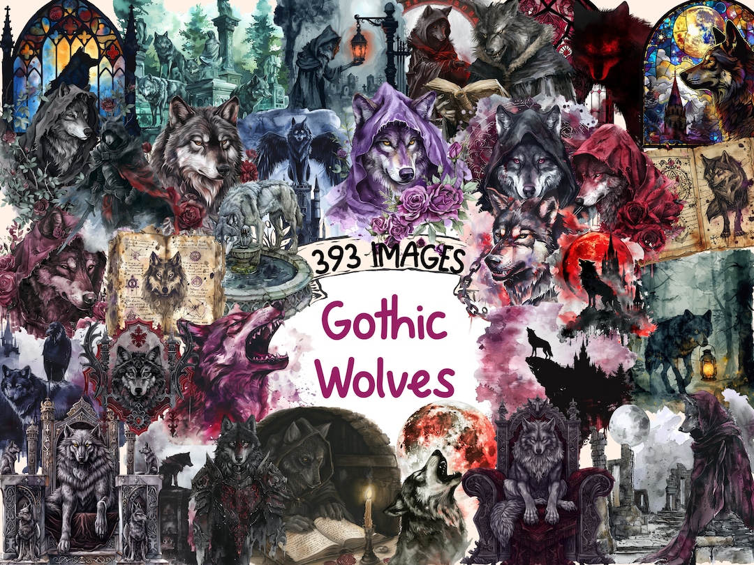 Gothic Wolves Watercolor Clipart Bundle - 393 PNG Dark Wolf Images ...