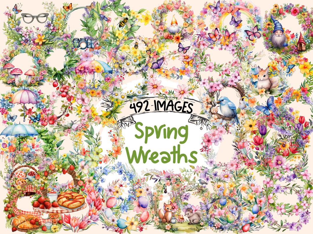 Watercolor Spring Wreaths Clipart Bundle (492 PNG Images) (digital ...