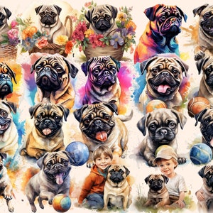 Pugs Watercolor Clipart Bundle - 167 PNG Adorable Pug Images, Cute Dog ...