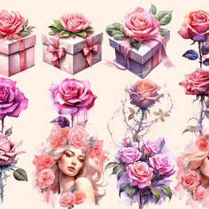 Pink Roses Watercolor Clipart Bundle - 87 PNG Images, Beautiful Floral ...