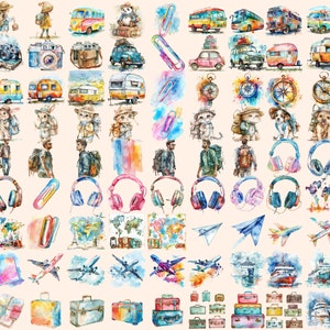 Travel Watercolor Clipart Bundle - 668 PNG Summer Vacation Journey ...