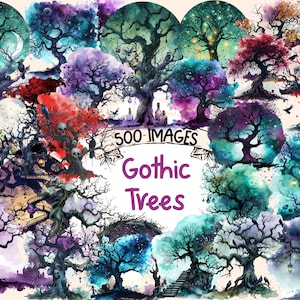 Gothic Trees Clipart Bundle - 500 PNG Watercolor Eerie Tree ...