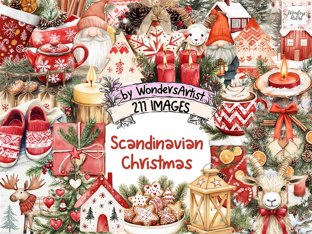 Watercolor Scandinavian Christmas Clipart Bundle: 211 Festive Nordic ...