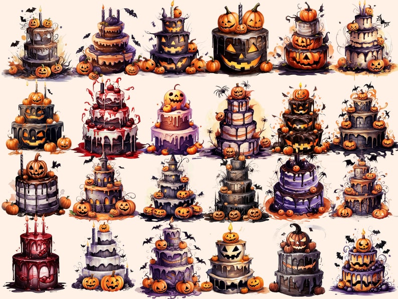 Halloween Cakes Watercolor Clipart: 132 Spooky Dessert PNG Images ...