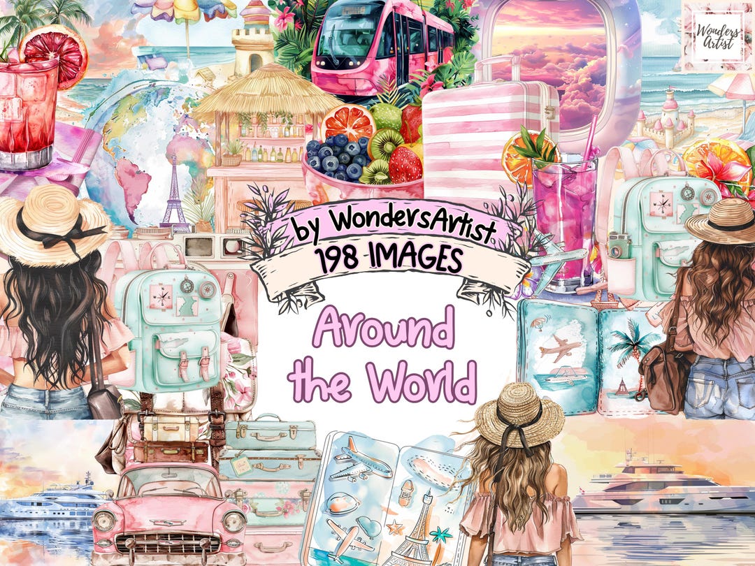 Watercolor Travel Clipart Bundle: Girly World Adventure Graphics ...