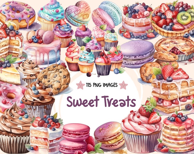 Sweet Treats Watercolor Clipart Bundle - 200 Transparent PNG, Desserts ...