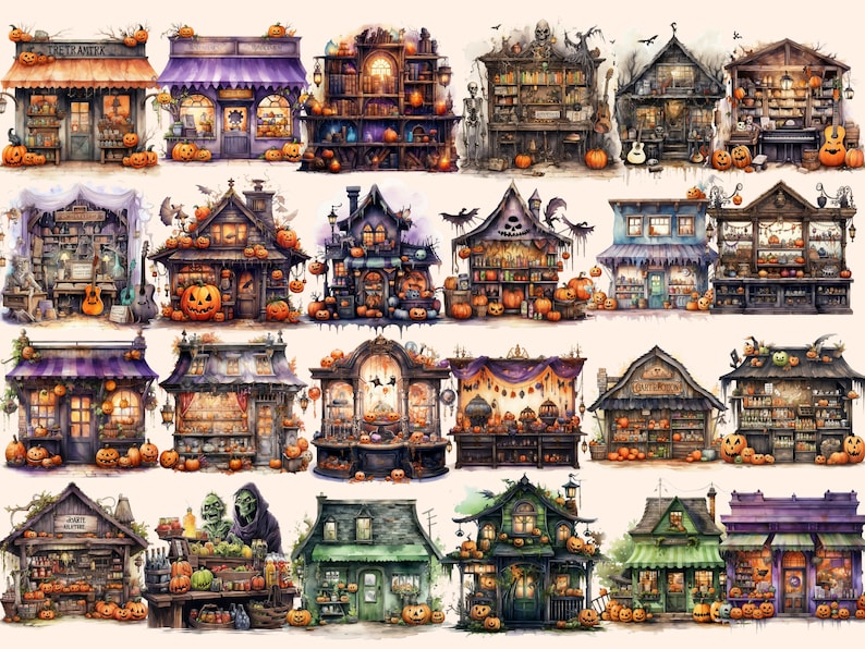 Halloween Storefronts Clipart: 207 Spooky Watercolor PNG Images ...