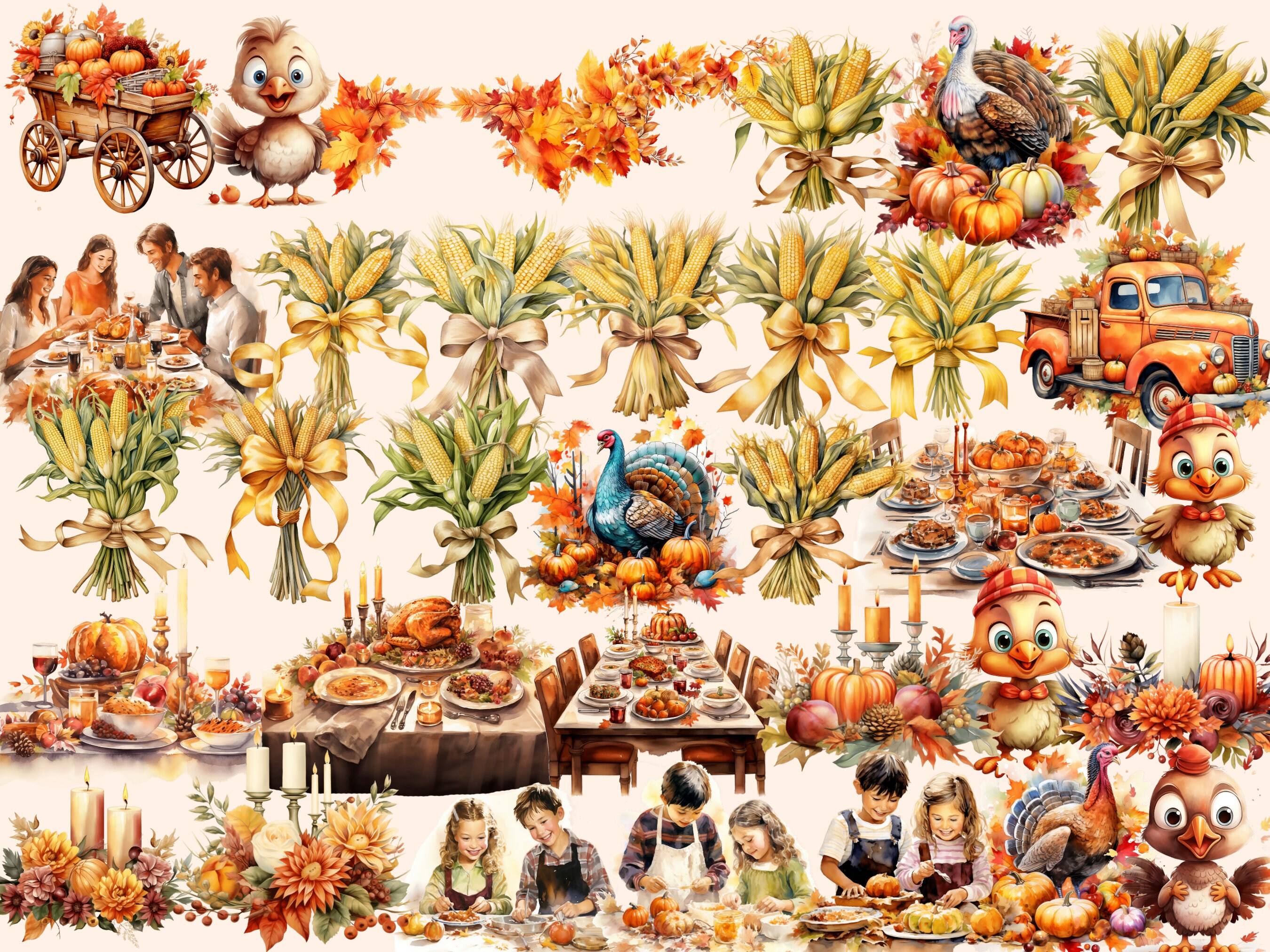 Thanksgiving Watercolor Clipart Bundle: 213 Festive PNG Images (digital ...