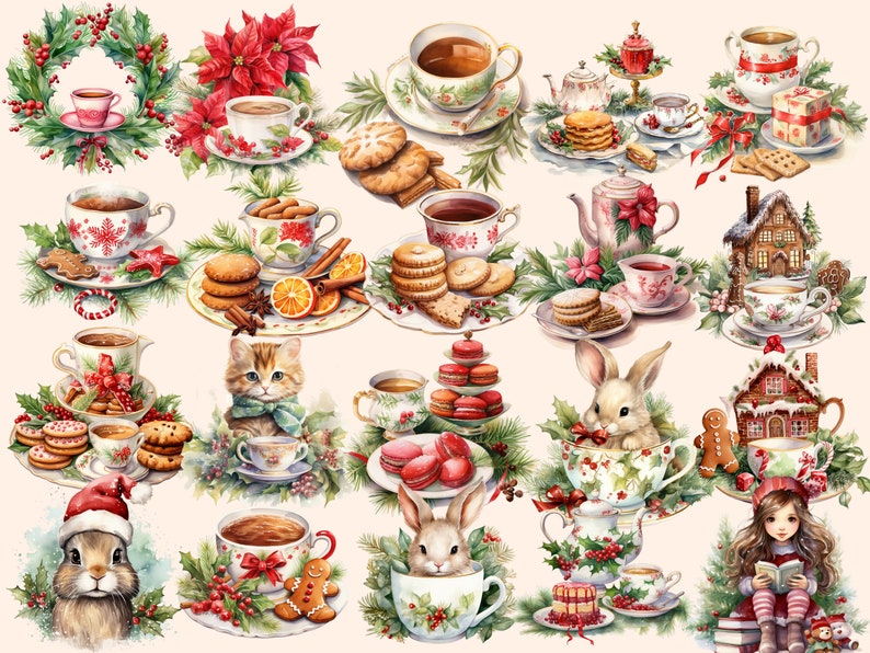 Christmas Tea Watercolor Clipart Bundle: 166 Festive PNG Images ...